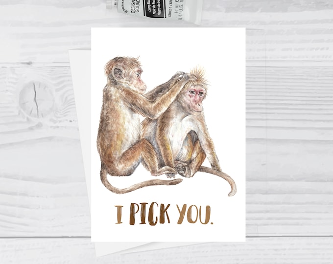 Monkey Love I Pick You Cute Romantic Watercolor Funny Greeting Card - Etsy