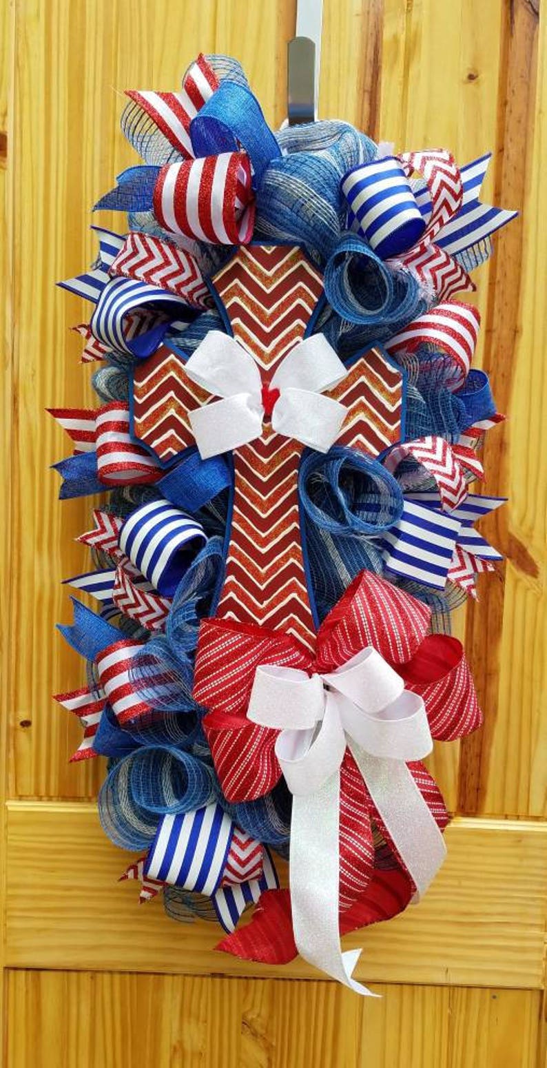 Patriotic Wreath Swag for Front Door With Cross 4th of July Summer ...
