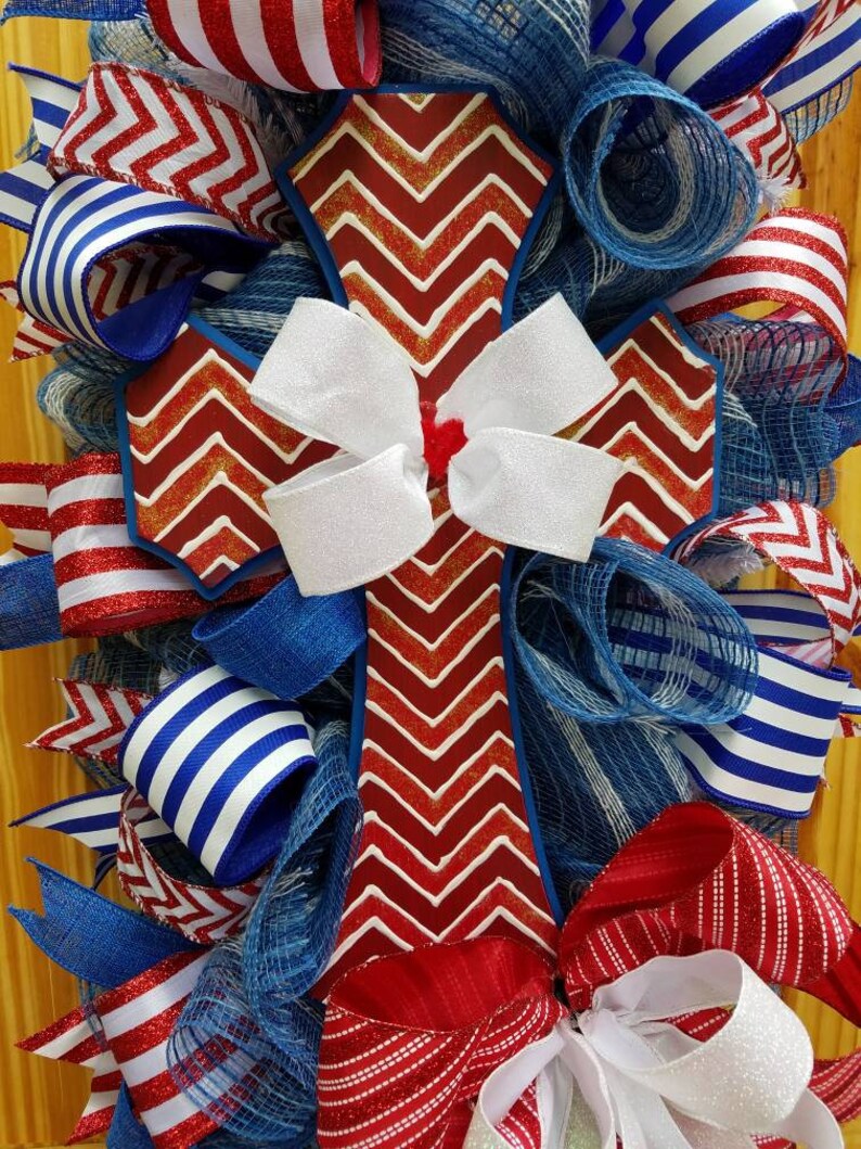 Patriotic Wreath Swag for Front Door With Cross 4th of July Summer ...