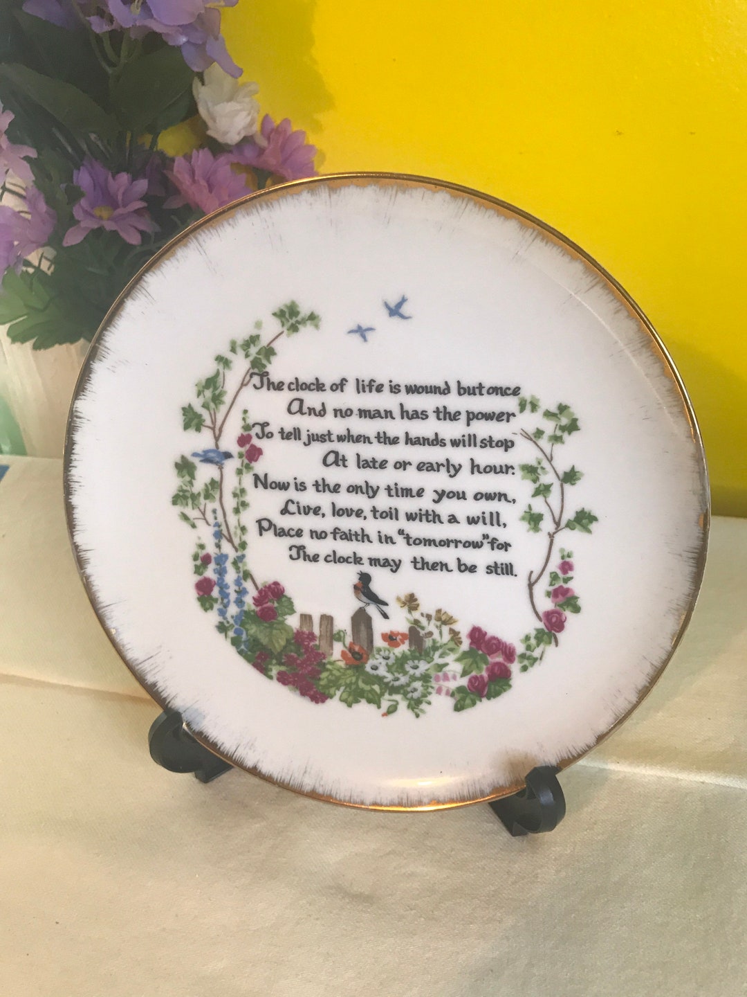 Vintage Porcelain Decorated Message Plate , Trimmed in Gold - Etsy