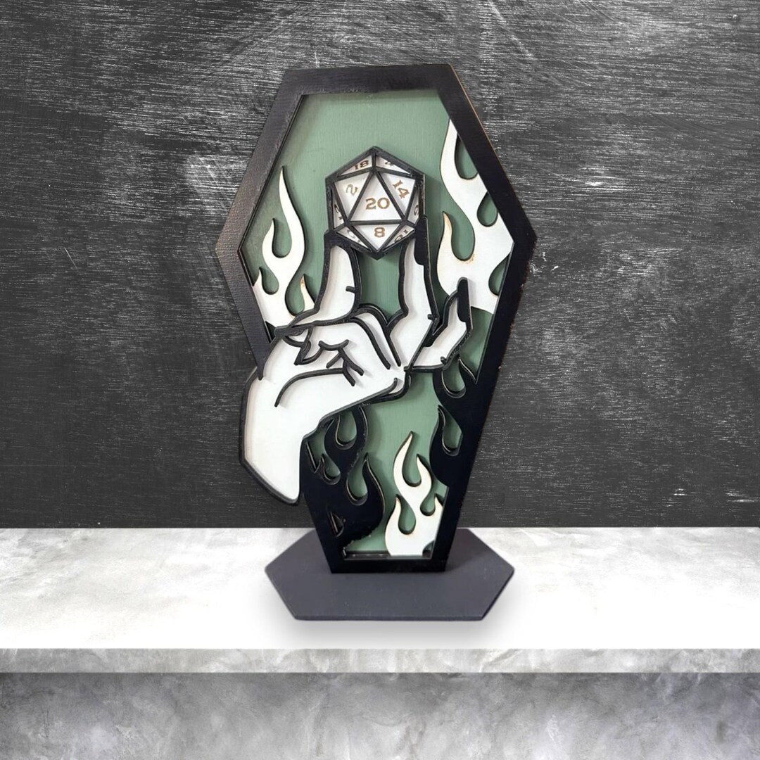 Laser Cut Coffin Art D20 Die With Flaming Background Gothic