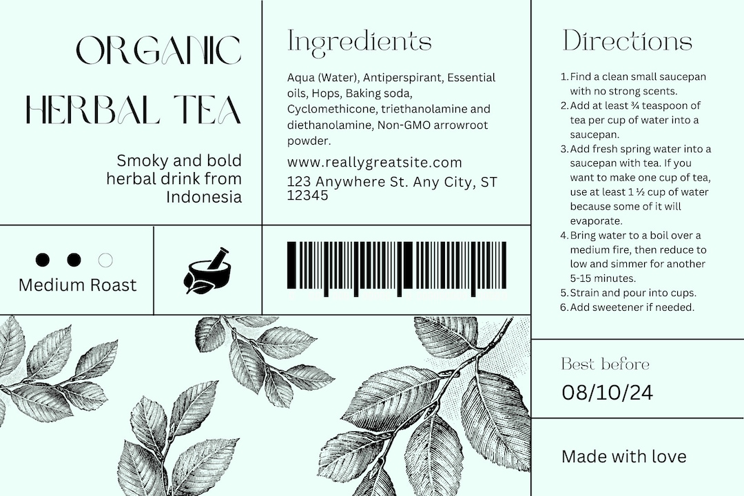 Green Herbal Tea Label | INSTANT DOWNLOAD | Pouch Label Templates ...
