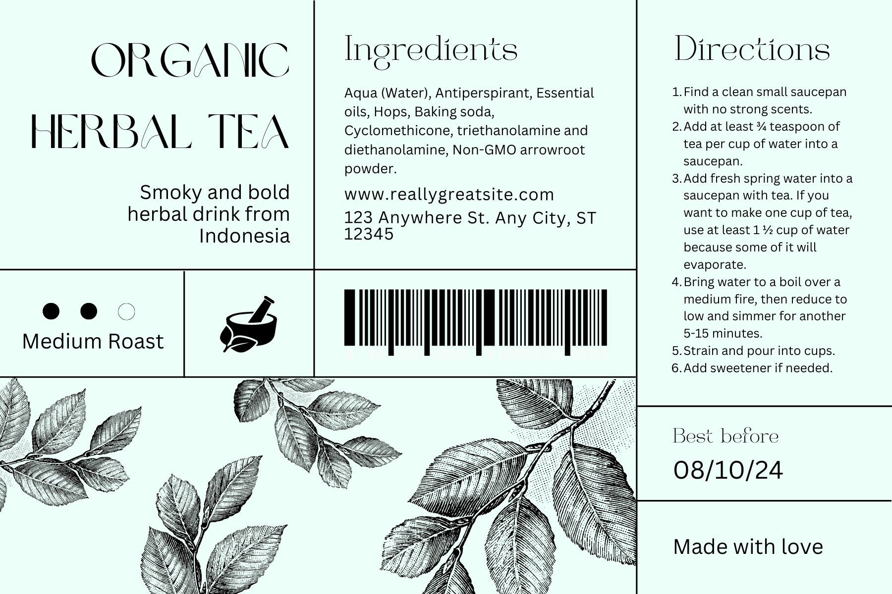 Green Herbal Tea Label | INSTANT DOWNLOAD | Pouch Label Templates ...