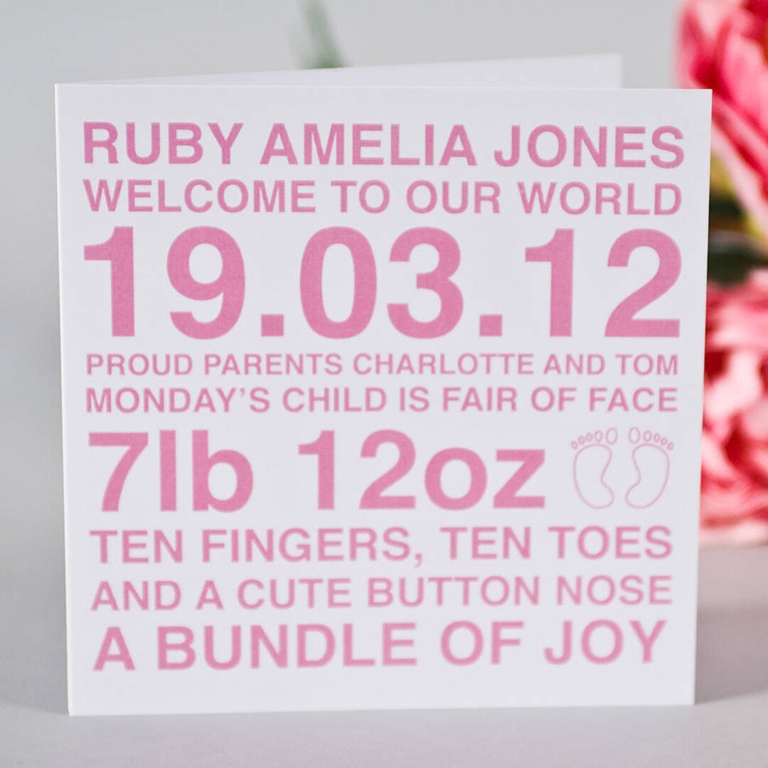 New Baby Girl Card - Personalised Baby Card - New Born Girl Card - New ...