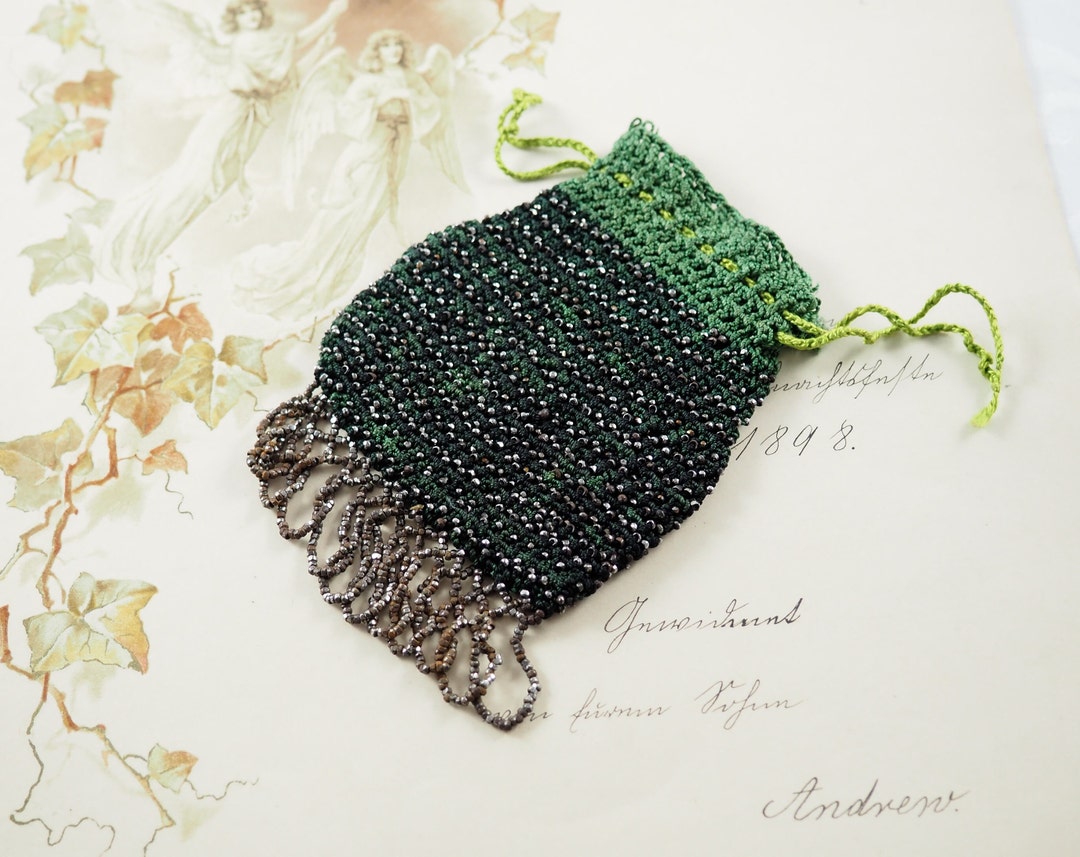 Antique Victorian Knitted Purse With Steel Beads, Drawstring Closure ...