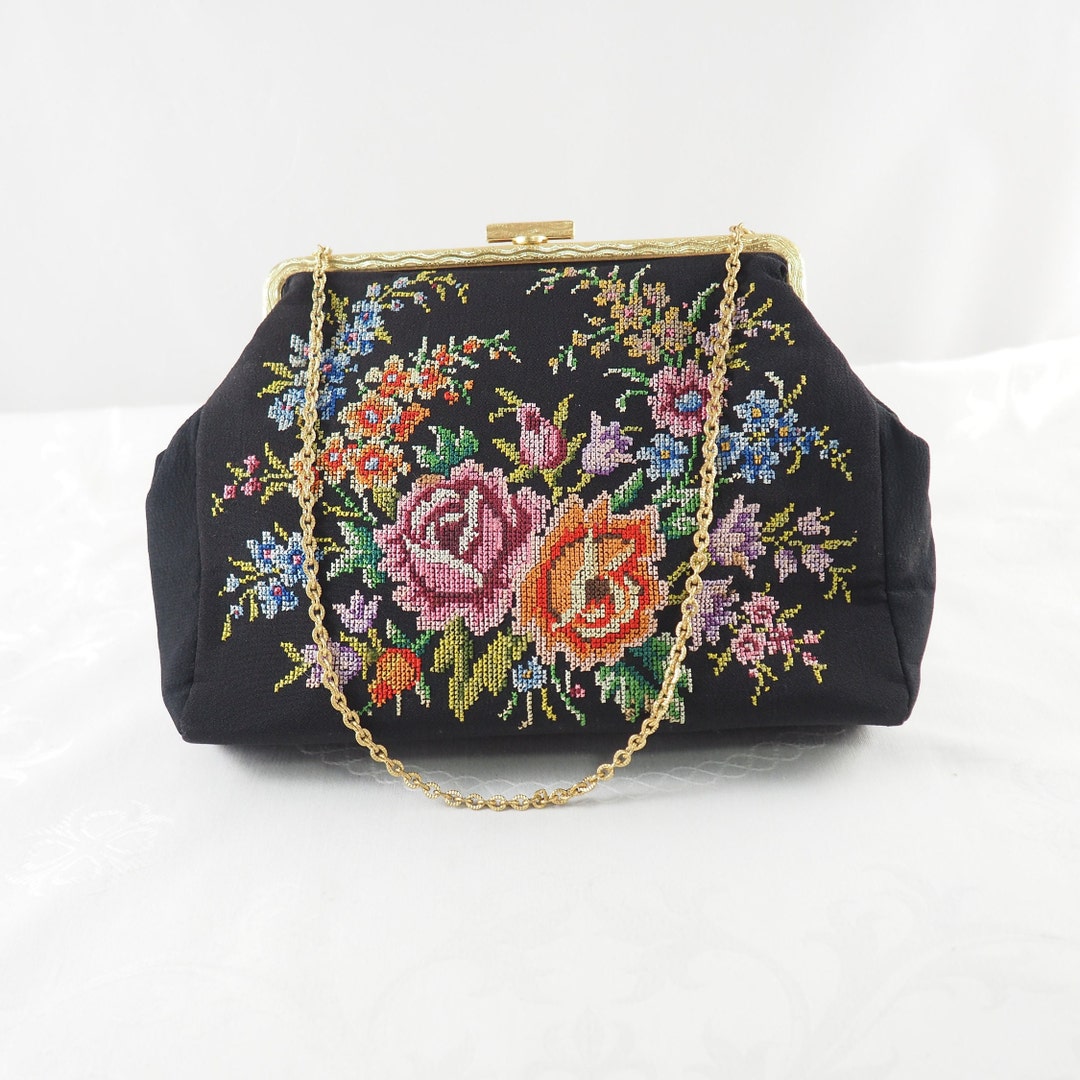 Vintage German Petit Point Evening Purse, Worked With Roses and Flowers ...