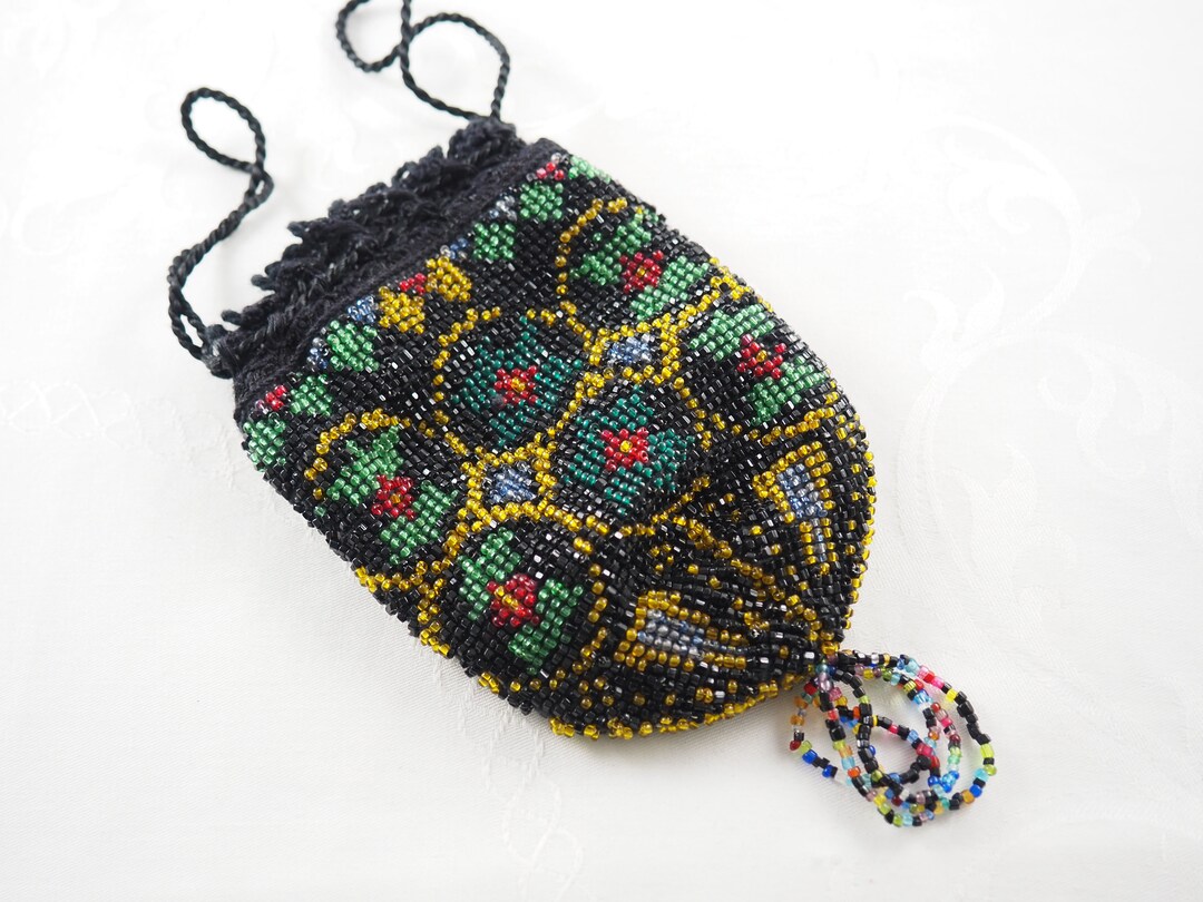 Vintage Art Deco Beaded Reticule or Pouch, Drawstring Closure, Black ...