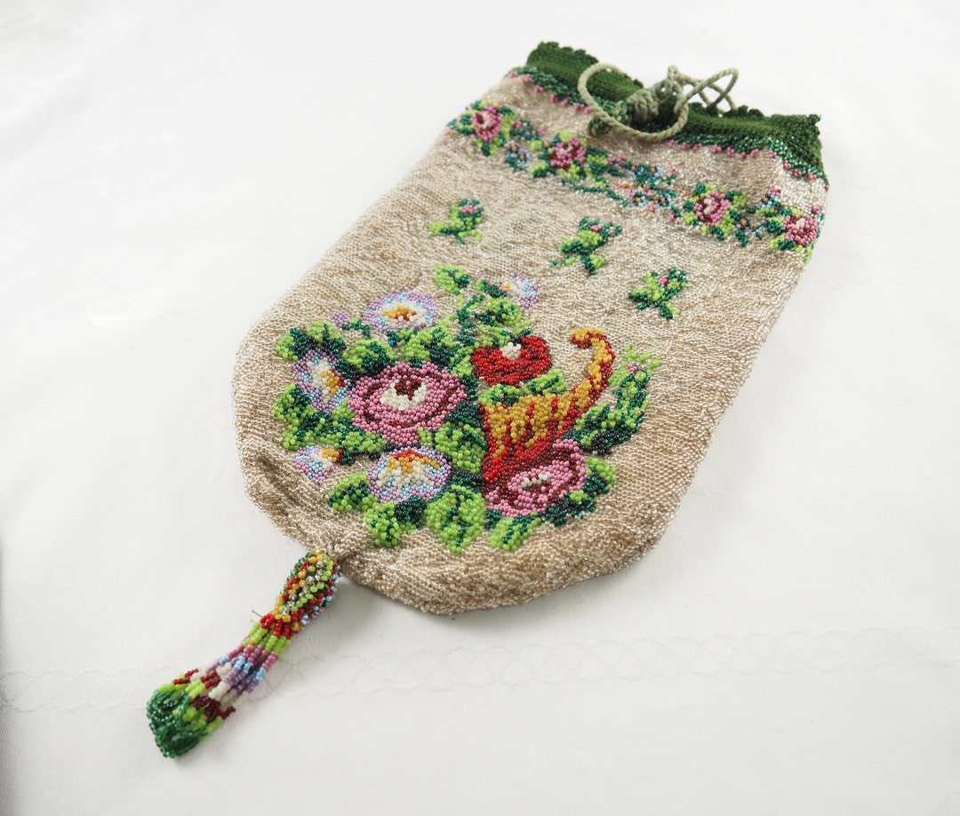 Antique Victorian Beaded Reticule With Clear Beads and Raised Design of ...