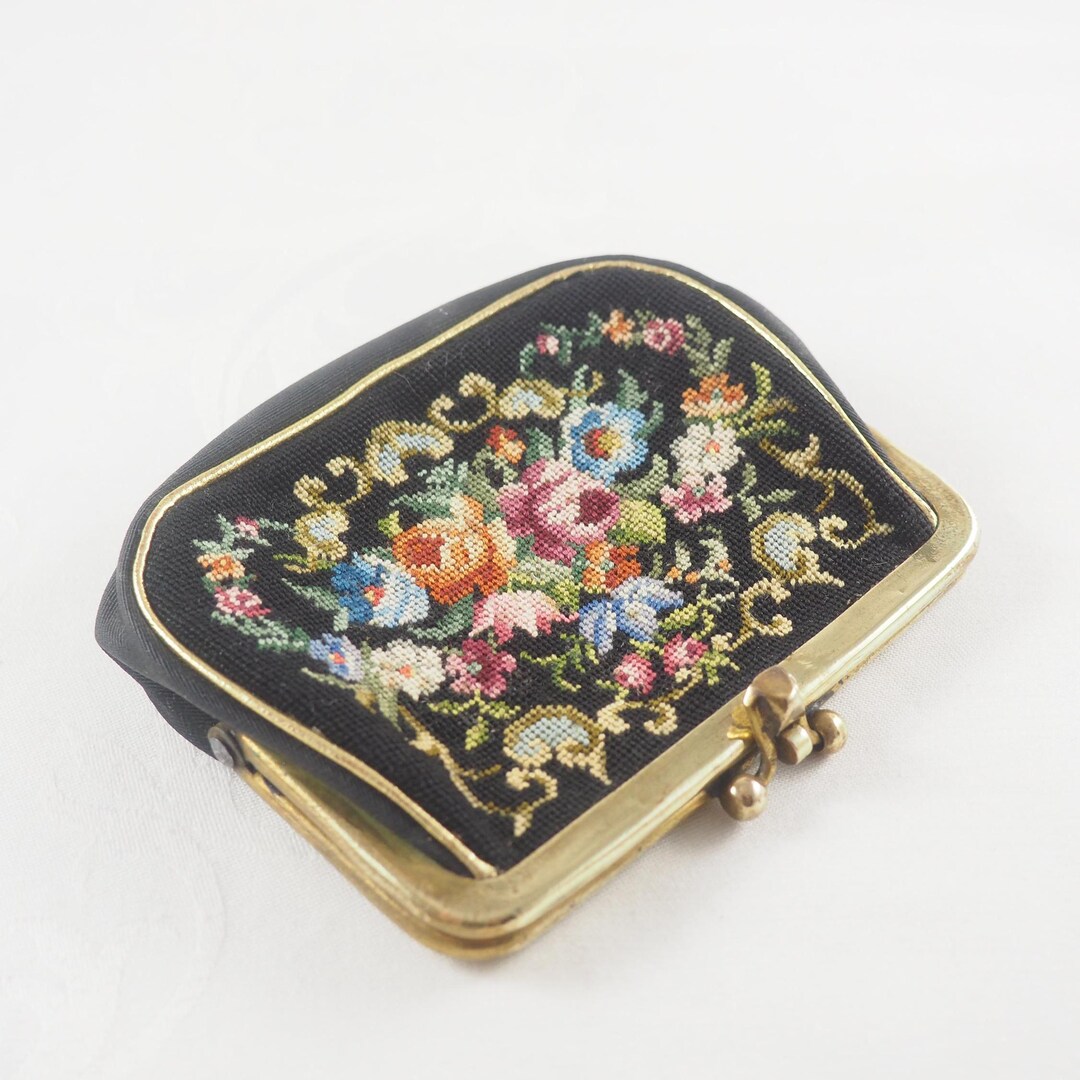 Vintage Micro Petit Point Coin Purse, Black Ground With Roses and Flowers, Black Lining, Brass ...