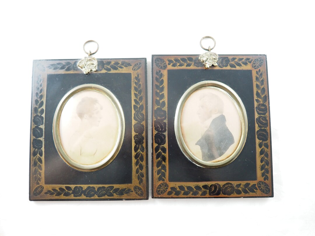 Pair of Regency Watercolor Miniatures in Ornate Ebonized Frames, Brass ...