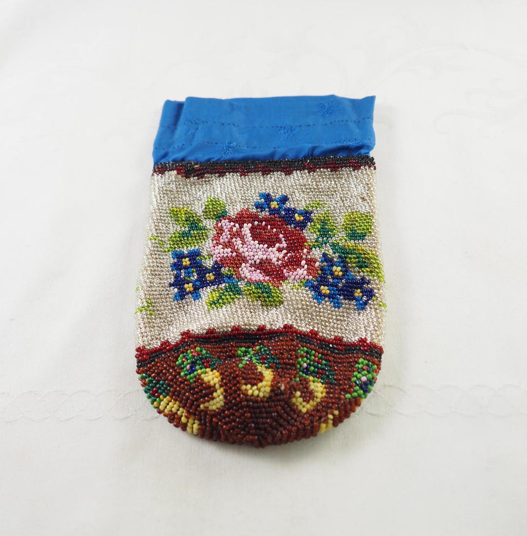 Early Victorian Reticule, Bead Work Pouch, Roses and Forget Me Not With ...