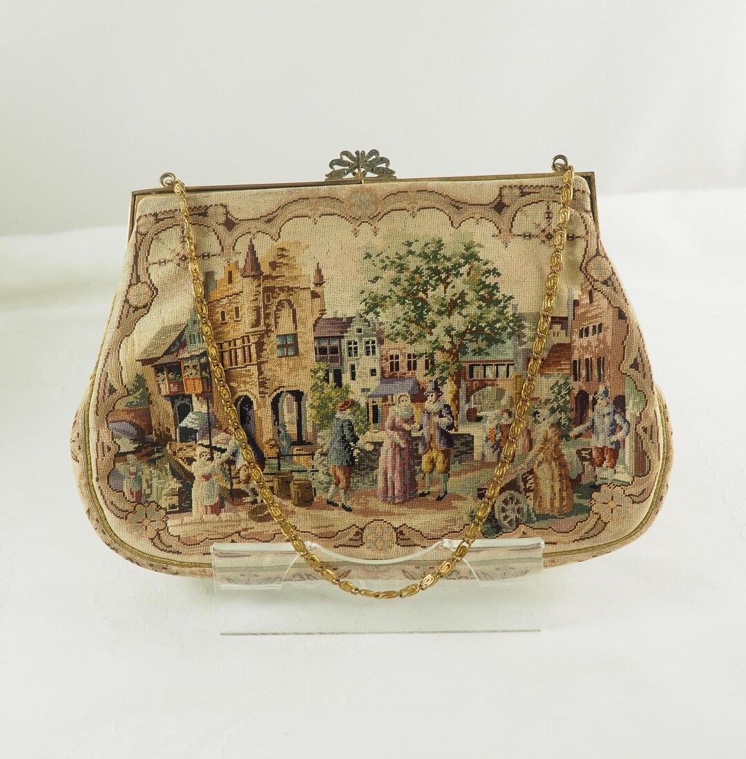Vintage Austrian Scenic Petit Point Evening Purse, 2 Differing Tudor ...