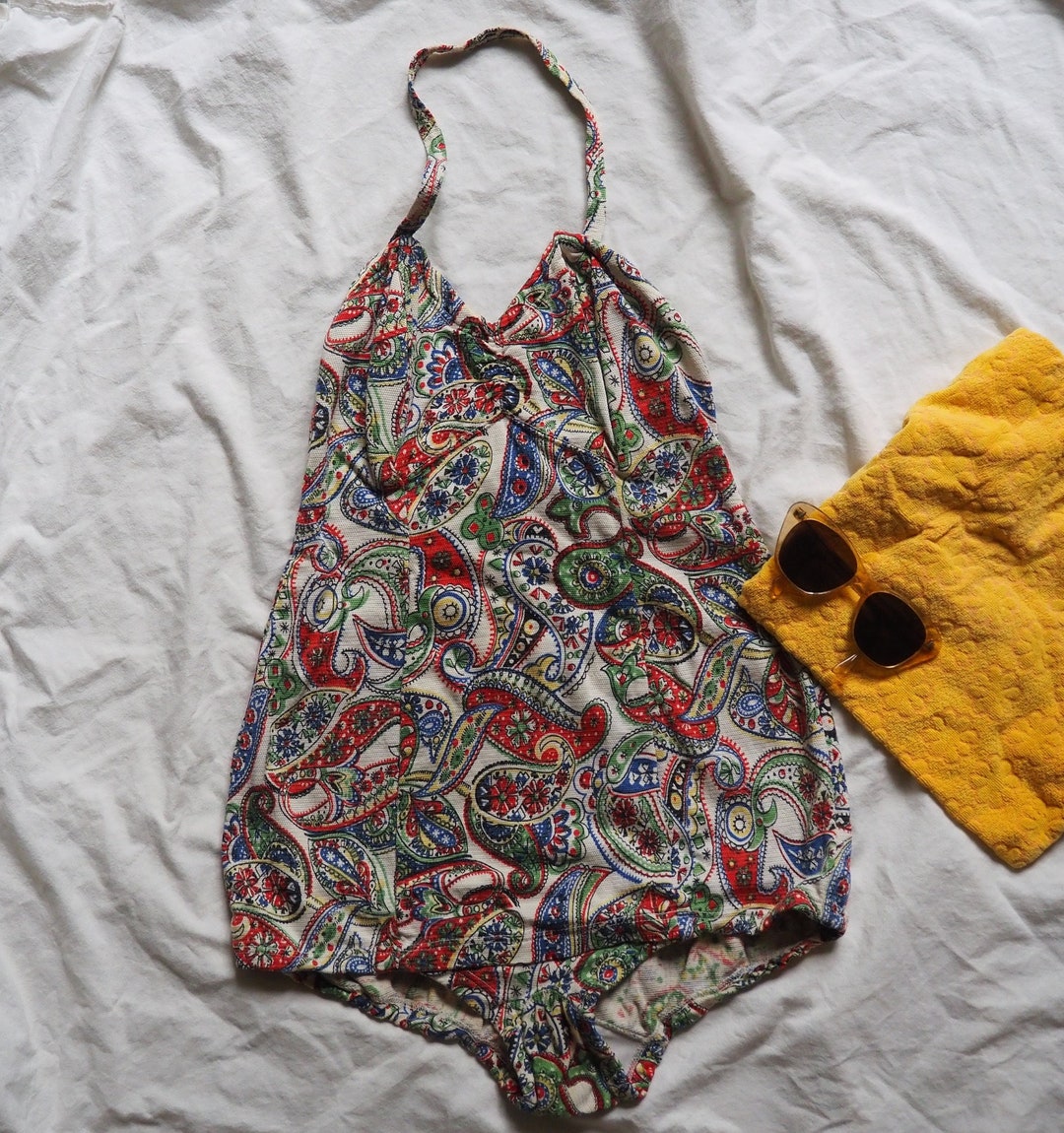 Vintage 60s Swim Wear, One Piece, Paisley Print, Elasticated Legs ...
