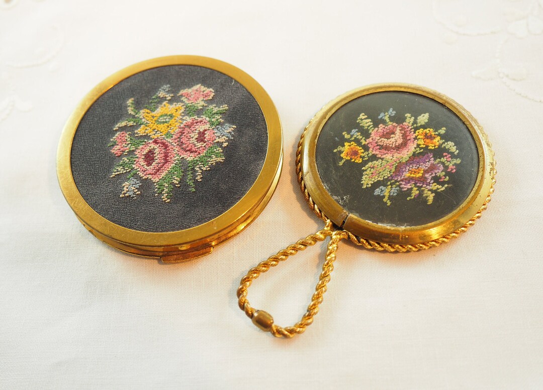 Vintage Petit Point Compact and Handbag Mirror, Brass and Petit Point ...