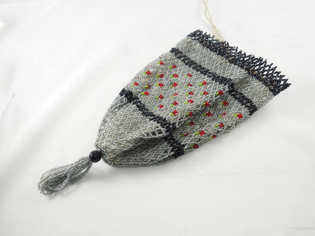 Art Deco Beaded Reticule, Grey and Black Glass Beads, Tiny Red Flowers ...