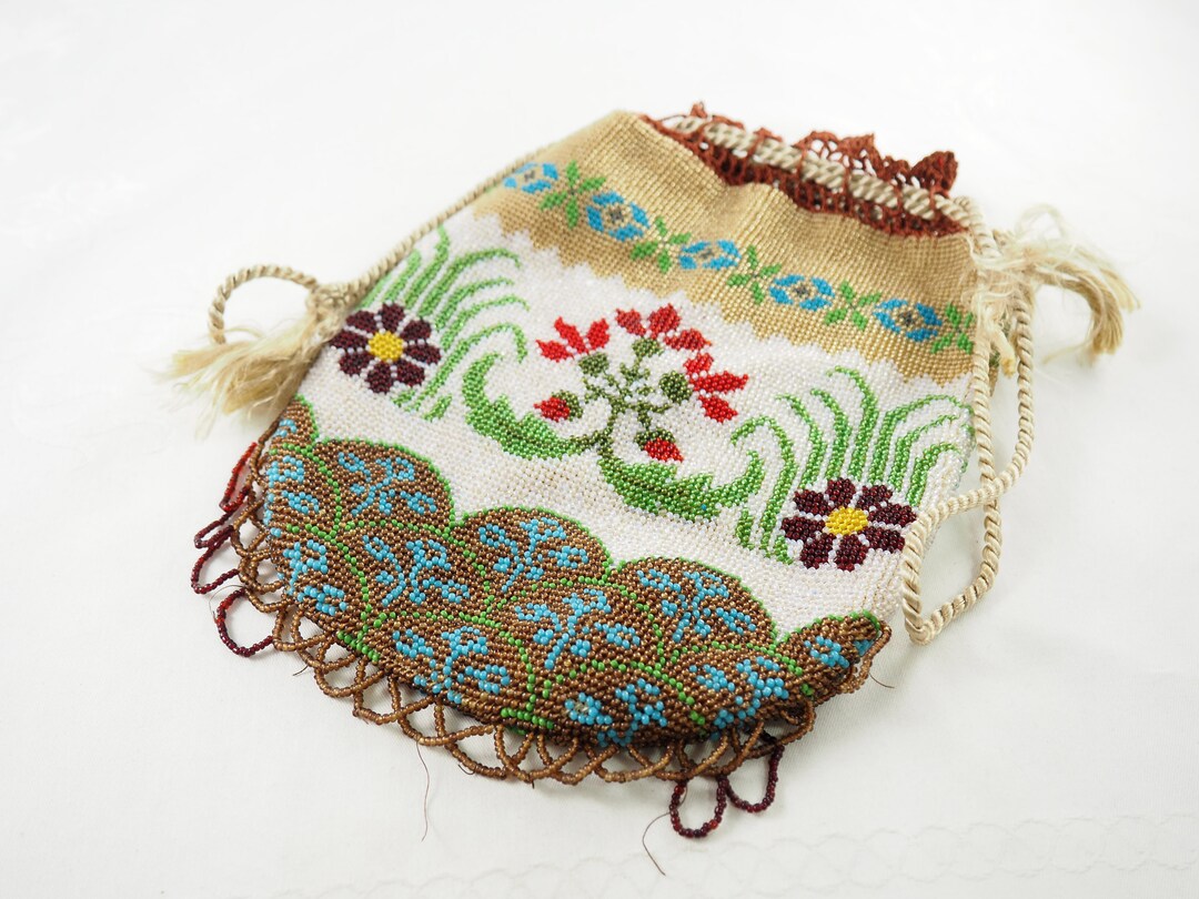 Antique Victorian Beaded Pouch Reticule, With Stylized Flowers, Bead ...