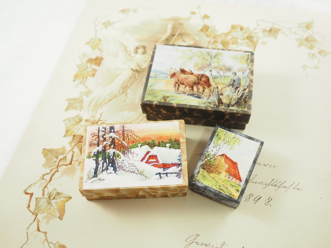 Antique Edwardian Cardboard Nest of Three Gift Boxes, Chromolithographs ...