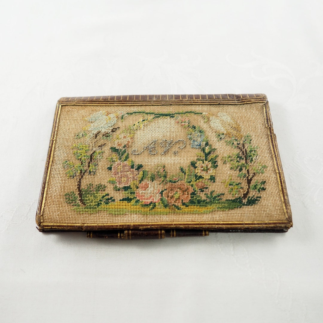 Antique Victorian Petit Point and Leather Pocket Book, Green Silk and ...