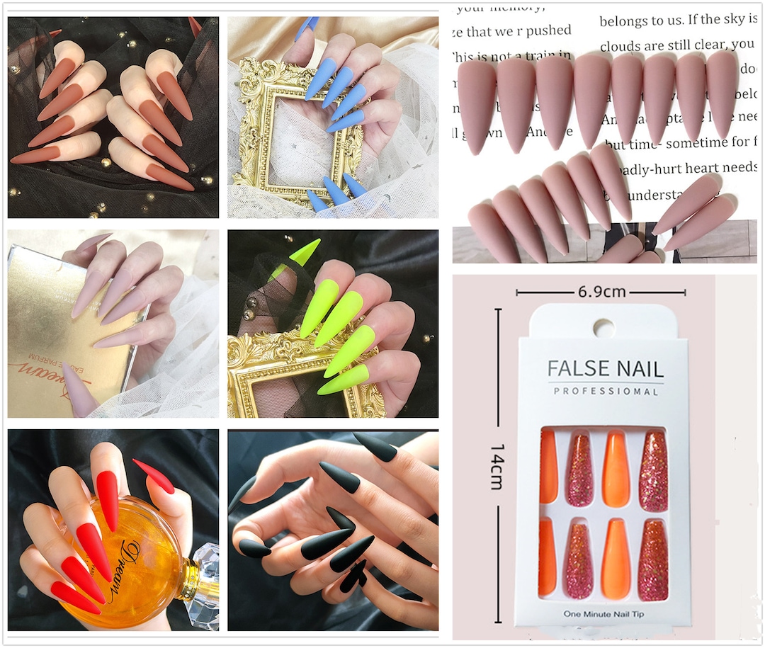 24pcs Acrylic Extra Long Pointed Water-drop False Nail Solid Color ...