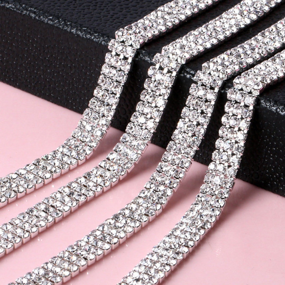 3 Row Rhinestone Trim by Yard in Silver Setting Casing Crystal Chain ...
