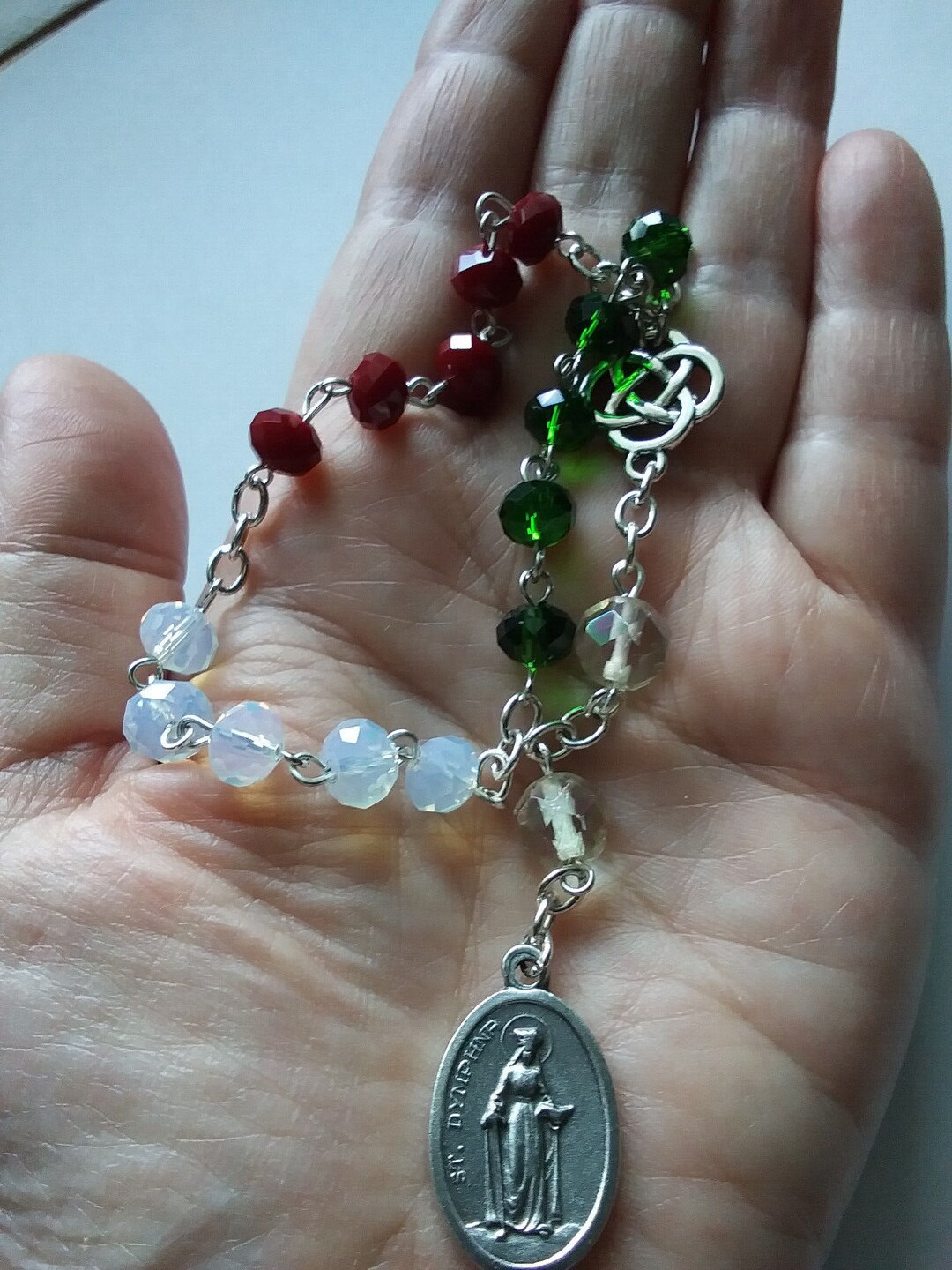 St Dymphna Chaplet Celtic Knot Center 8mm Crystals Italian Silver Medal Prayer Card Pouch ...