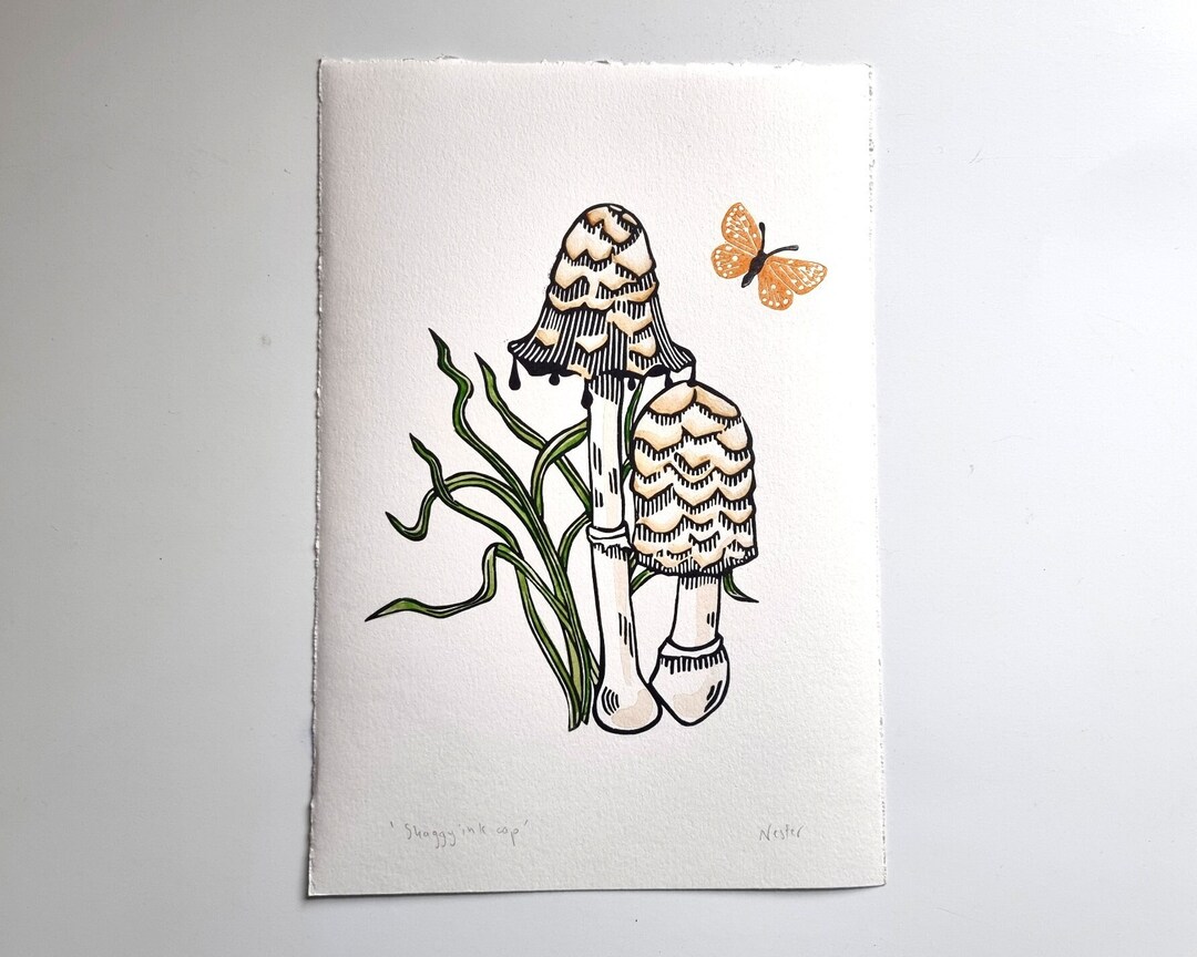 Shaggy Ink Cap Linocut, Lino Print of Mushrooms Fungus Fungi Coprinus ...