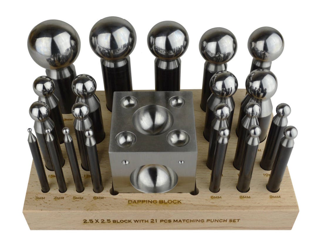 21 Piece Steel Round Dapping Punch Set W/ Dapping Block & Wooden Base ...