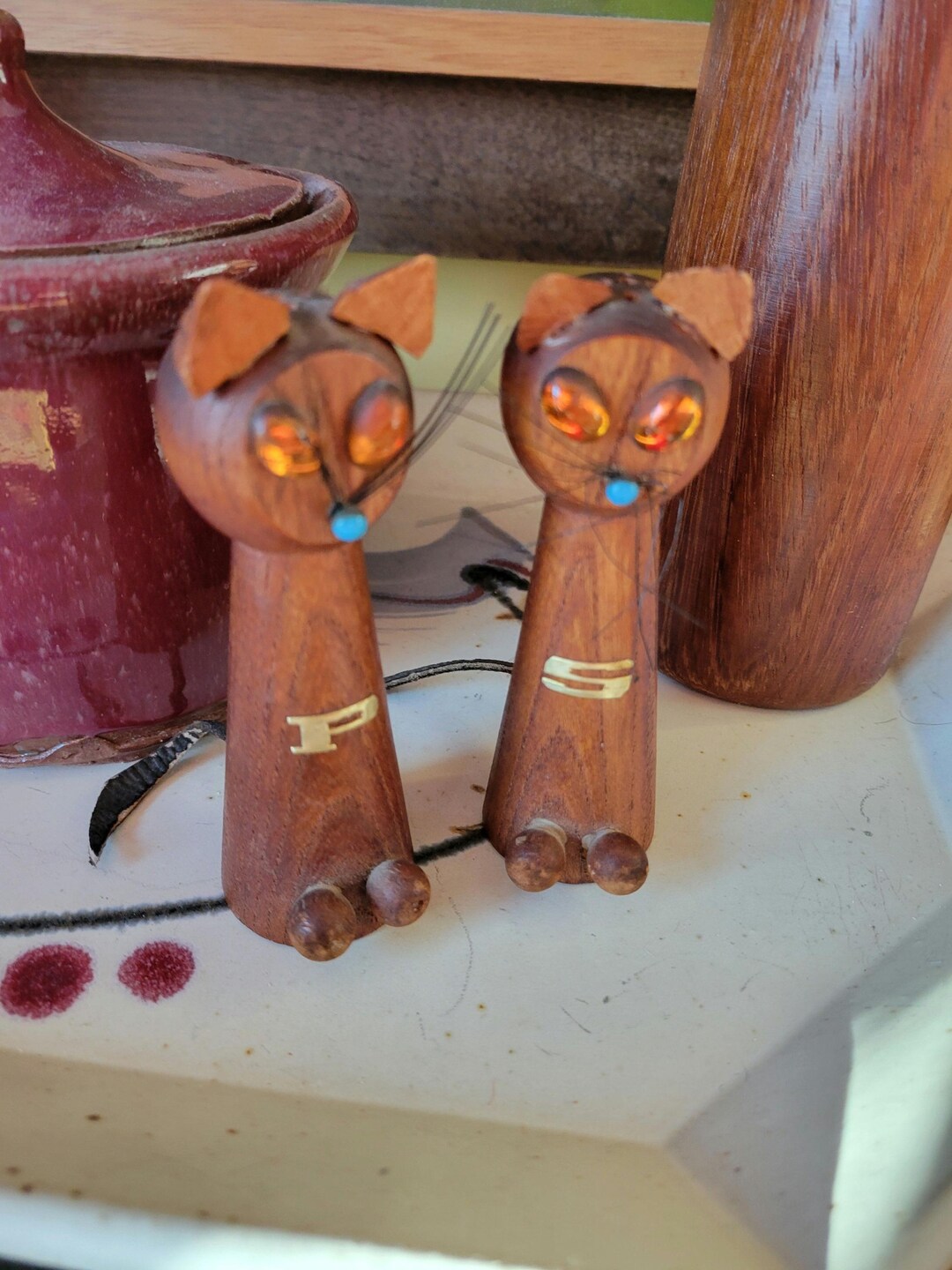 Vintage MCM Wooden Cat Salt and Pepper Shakers: Amber Eyes, Rawhide ...