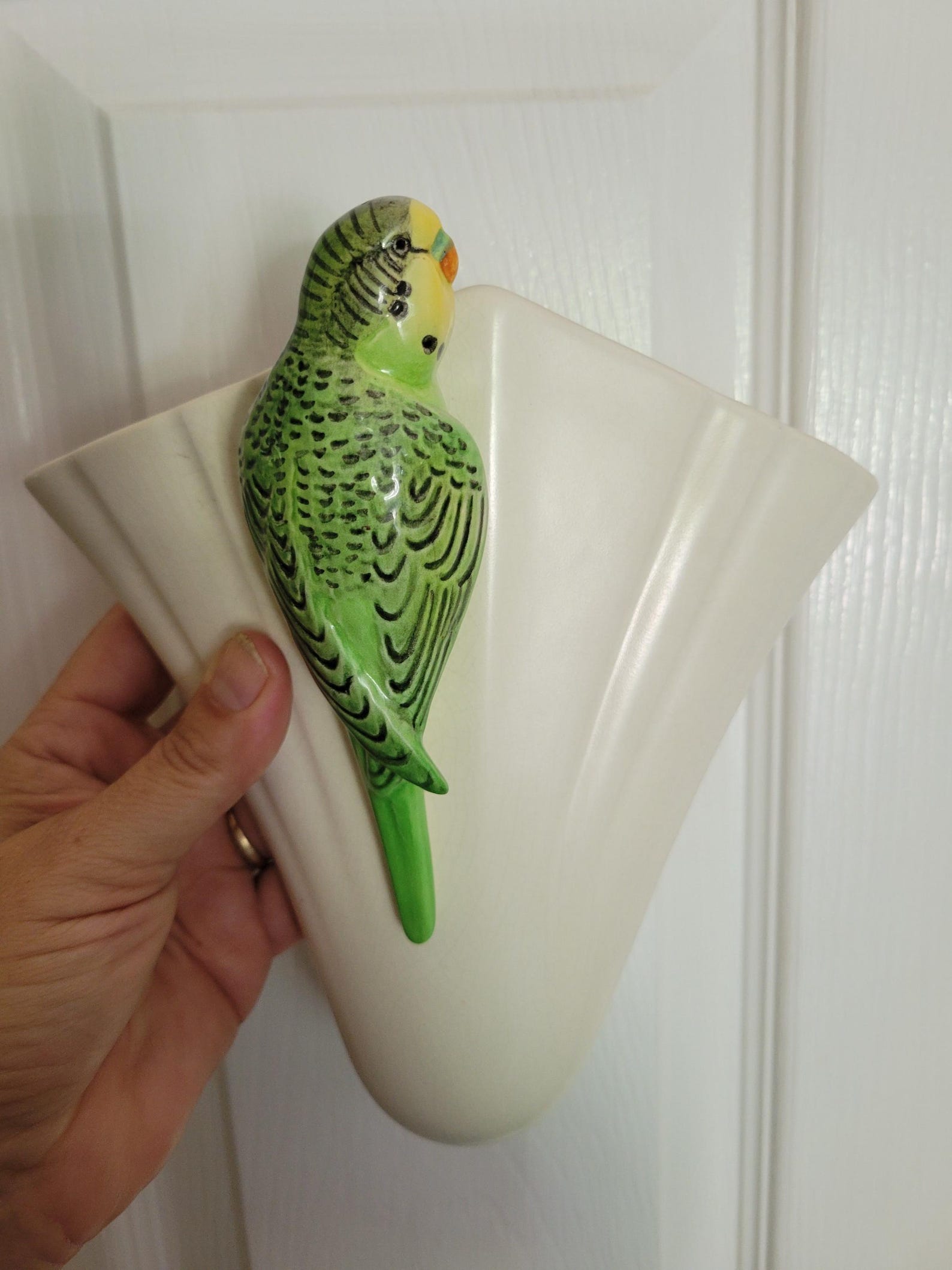 Vintage Falconware Parakeet Wall Vase: Green Budgerigar Ceramic Pocket ...