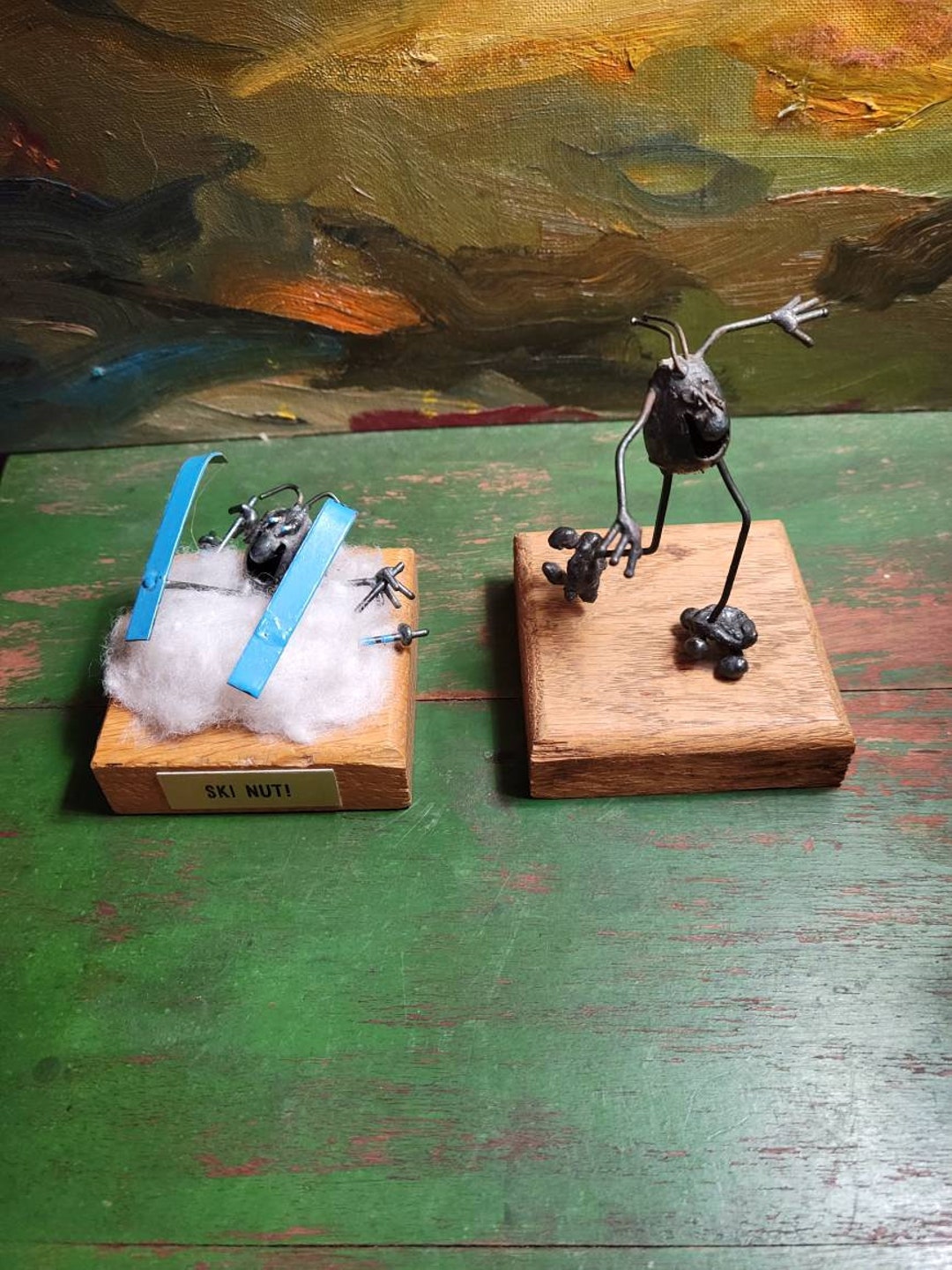 Vintage Metal Stickman Sculptures, Metal Bean Man Sculpture on Wood ...