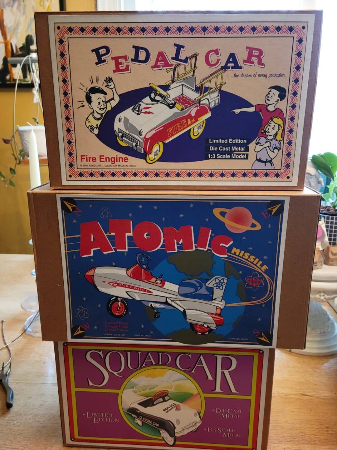 Vintage Xonex Pedal Cars, 1:3 Scale, Die Cast, New in Boxes, Fire Engine, Squad Car and Atomic ...