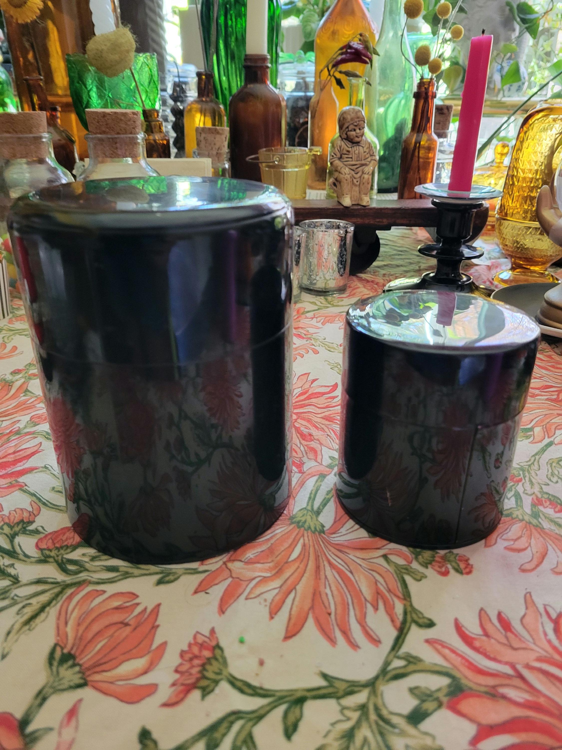 Vintage Asian Hand Painted Metal Canisters, Crane, Abalone Inlay With a ...