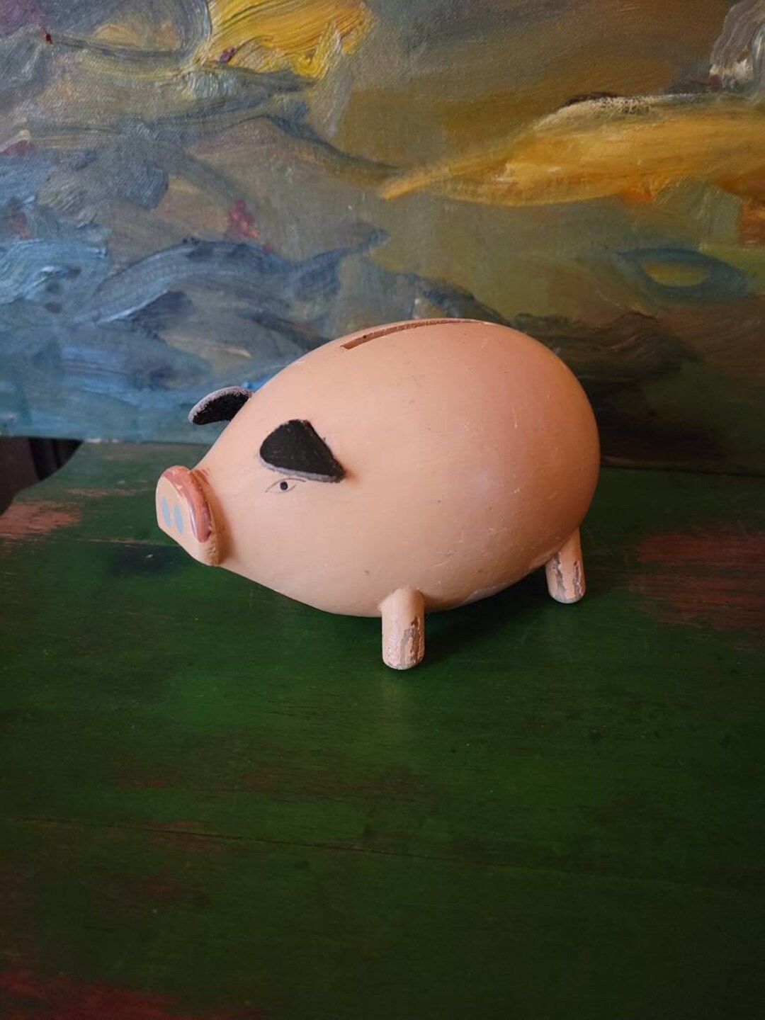 Vintage Wooden Piggy Bank, Hand Painted, Folk Art, Metal Plug With Lock ...
