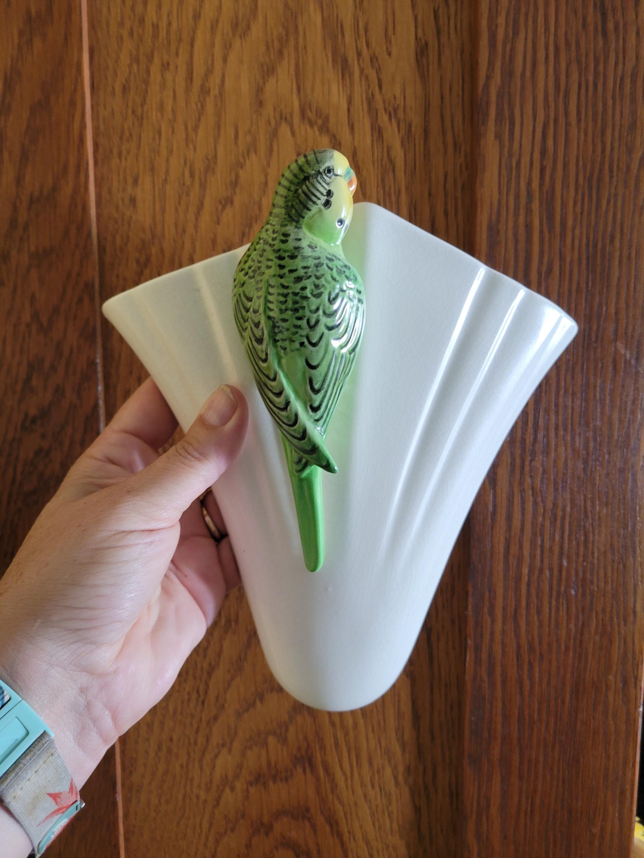Vintage Falconware Parakeet Wall Vase: Green Budgerigar Ceramic Pocket ...