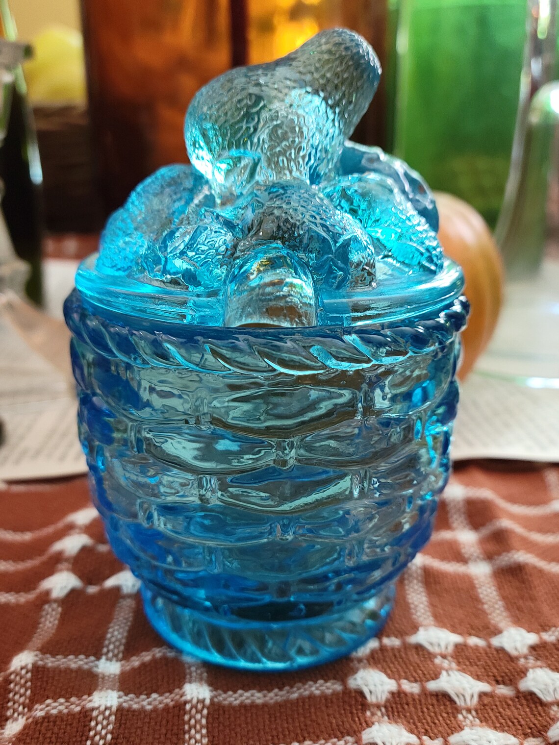 Vintage Aqua Glass Jam Jar: Basketweave Design, Strawberry Lid - Etsy