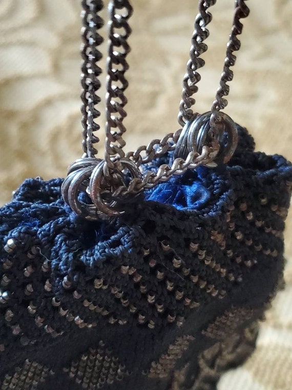 Navy and silver beaded evening draw string bag, art … - Gem
