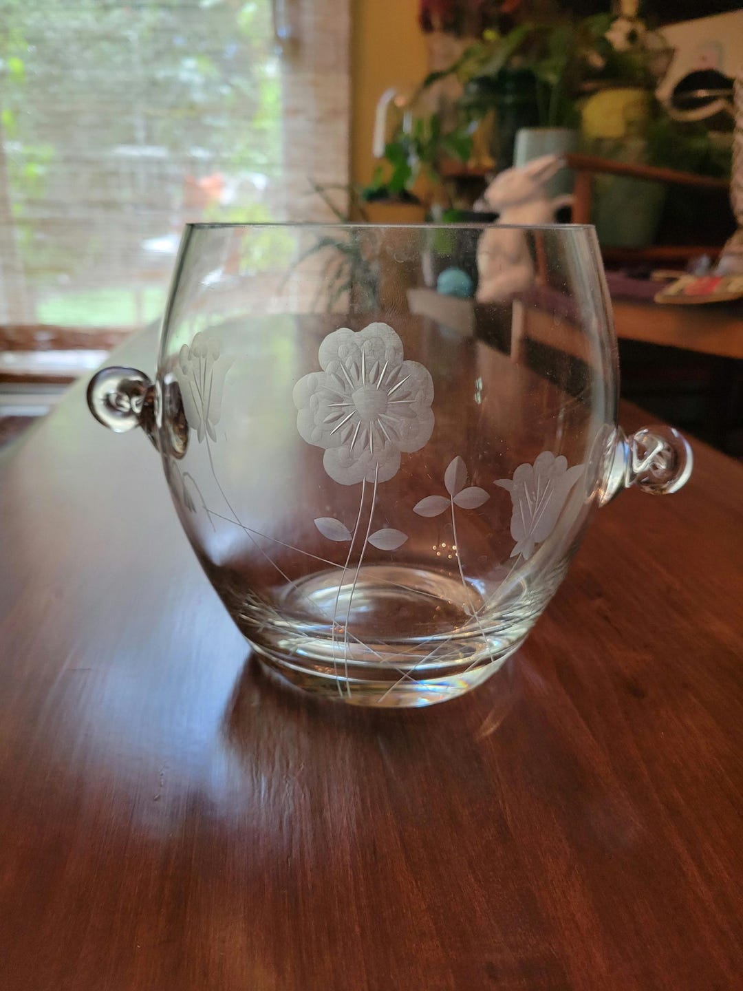Crystal Etched Wine Cooler or Ice Bowl, Small Handles, Floral Etching ...