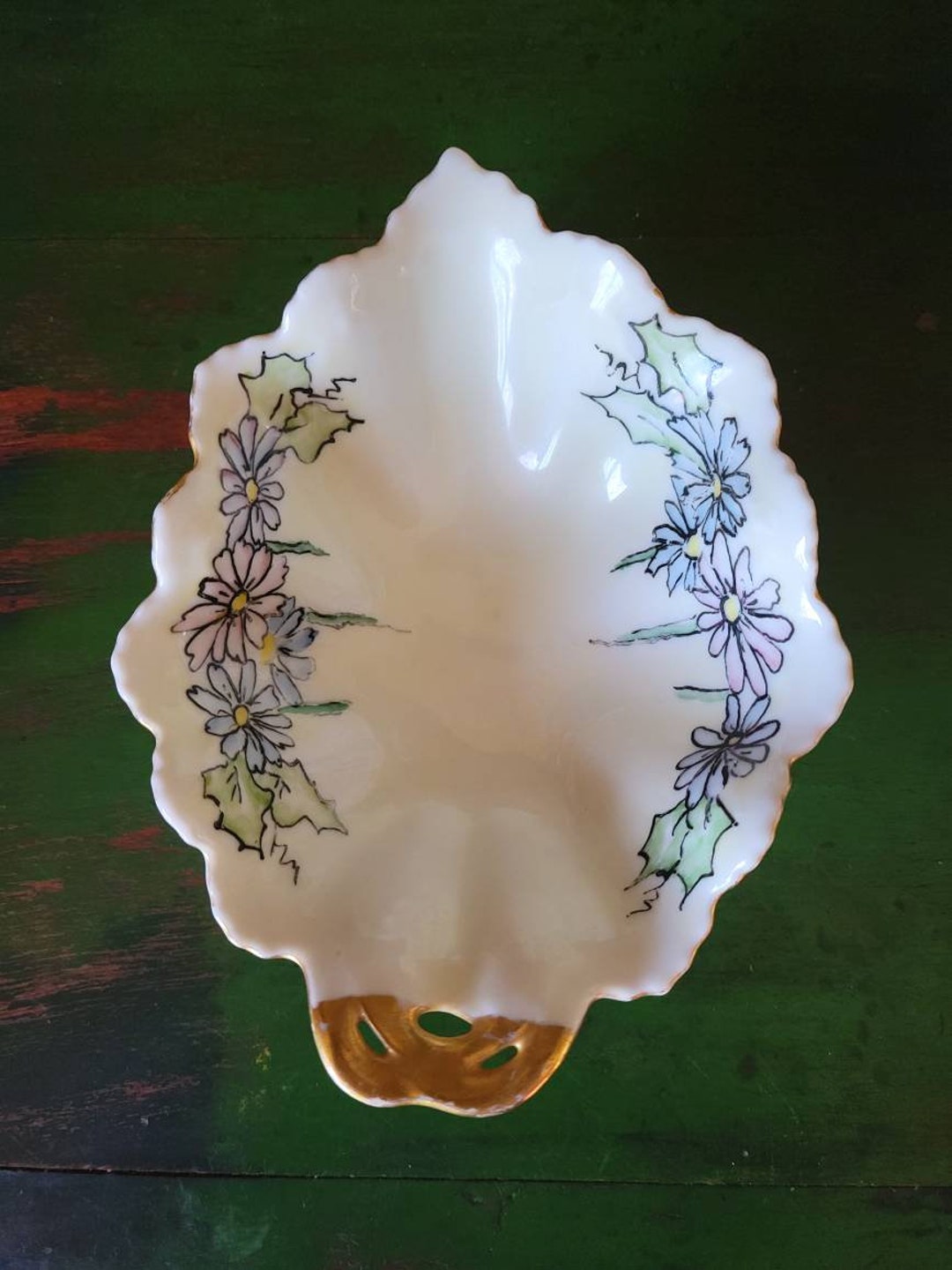 Vintage Leaf Shaped M & Z Austria Candy Dish, Pastel Daisies, Gold Trim ...