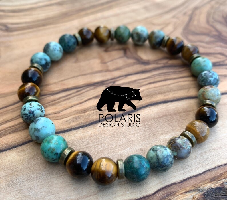 Tiger Eye & African Turquoise Beaded Bracelet 8mm - Gemstone Stretch ...