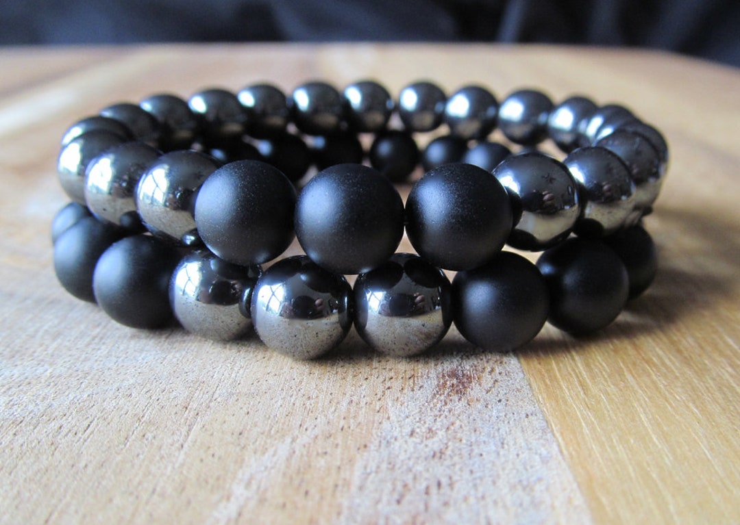 Hematite and Matte Black Onyx Bracelet Set, Couples or Partners ...