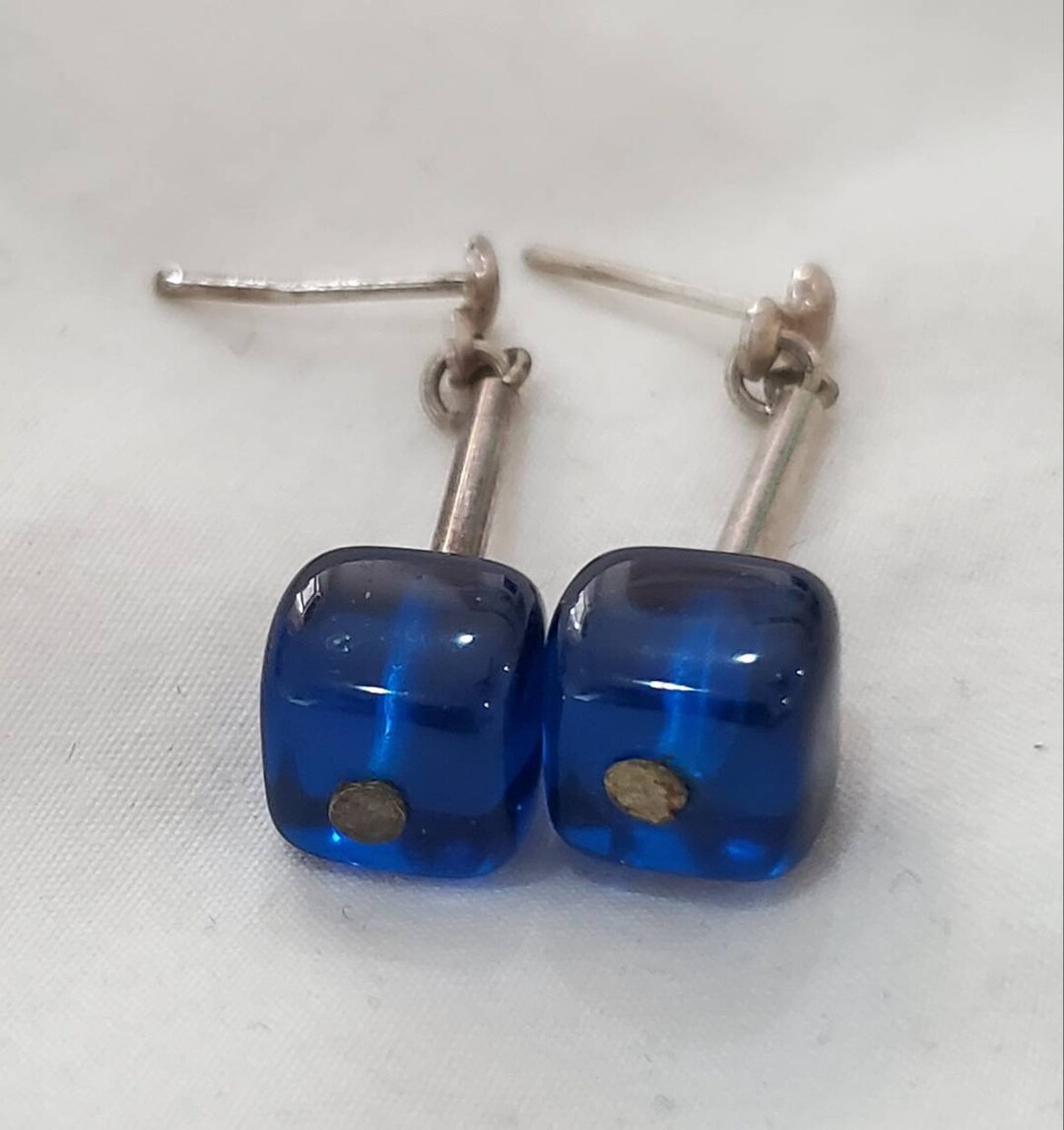 Vintage 1970s Silver & Blue Celluloid 1960s Dangle Earrings - Etsy