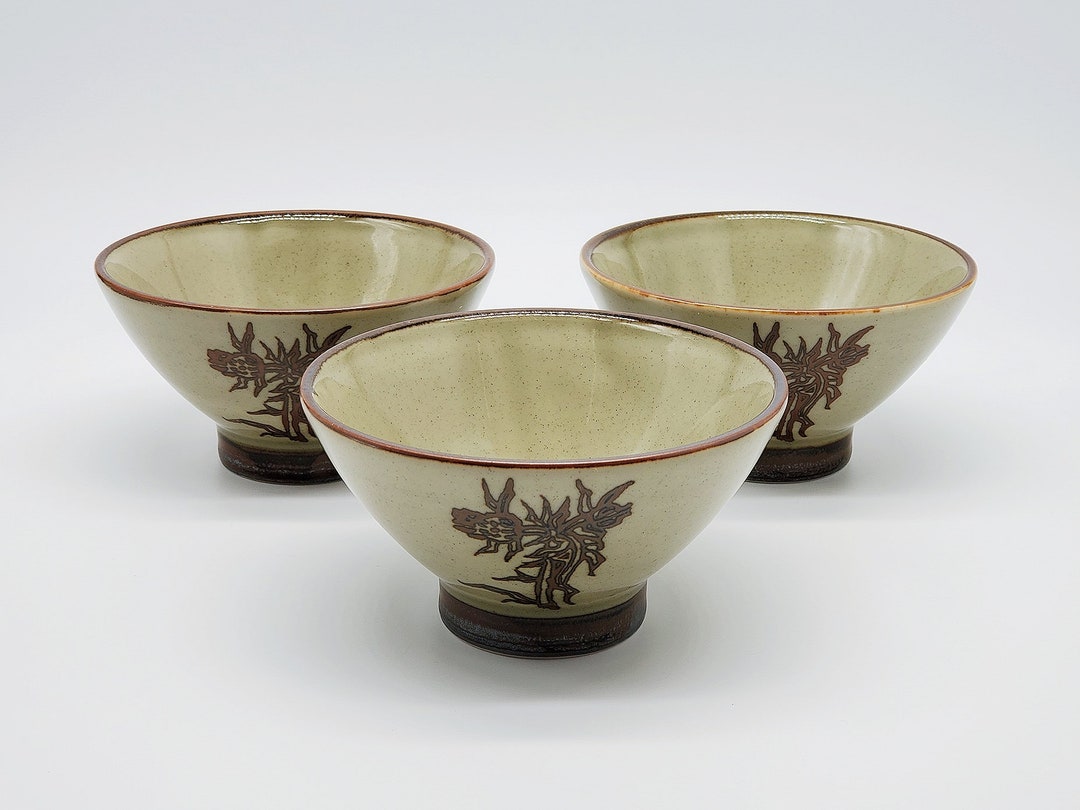 Vintage Brown & Sage Green Japan Rice Bowls - Etsy