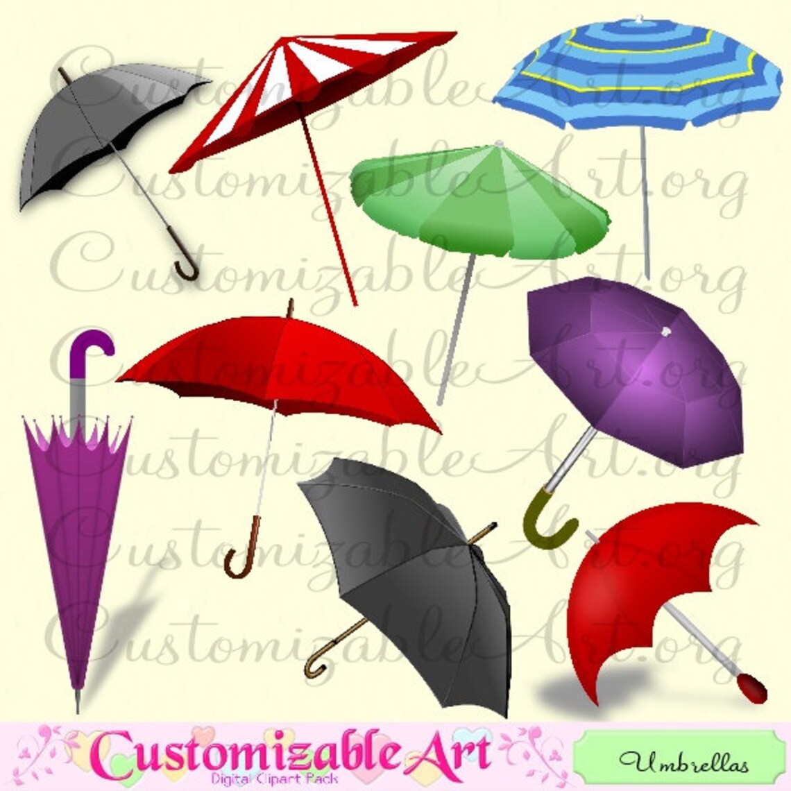 Umbrella Clipart Digital Umbrella Clip Art Beach Umbrella Closed Open ...
