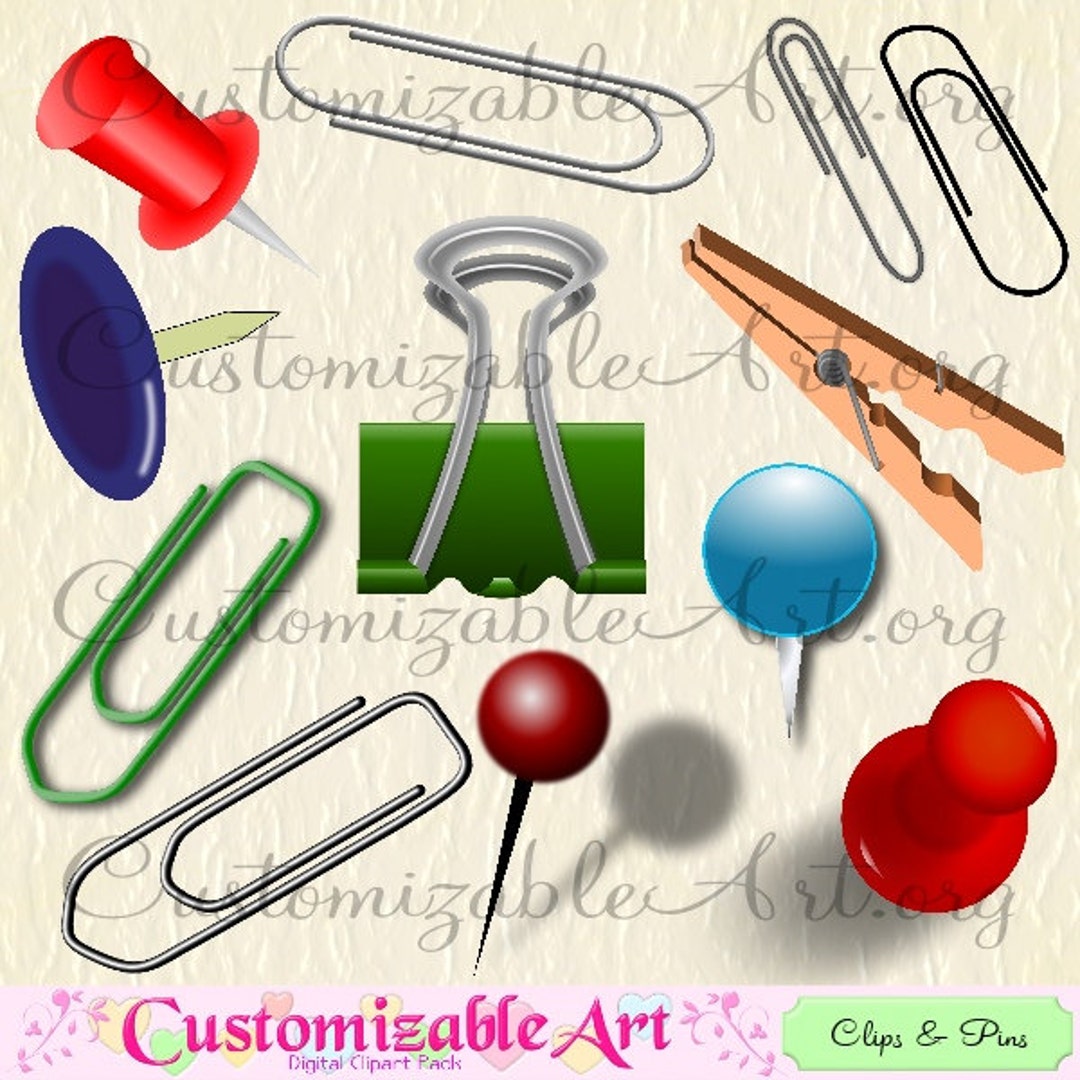Paperclip Clipart Digital Pin Clip Silver Grey Green Paper Clip Red Peg ...