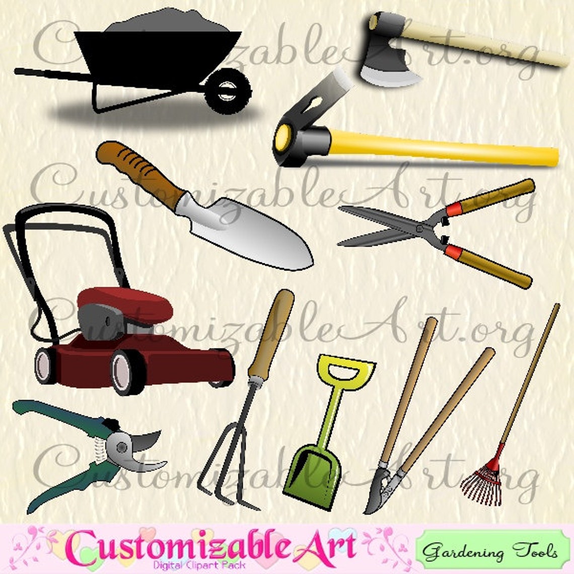 Gardening Tool Clipart Digital Garden Equipment Leaf Rake Hedge Pruner ...