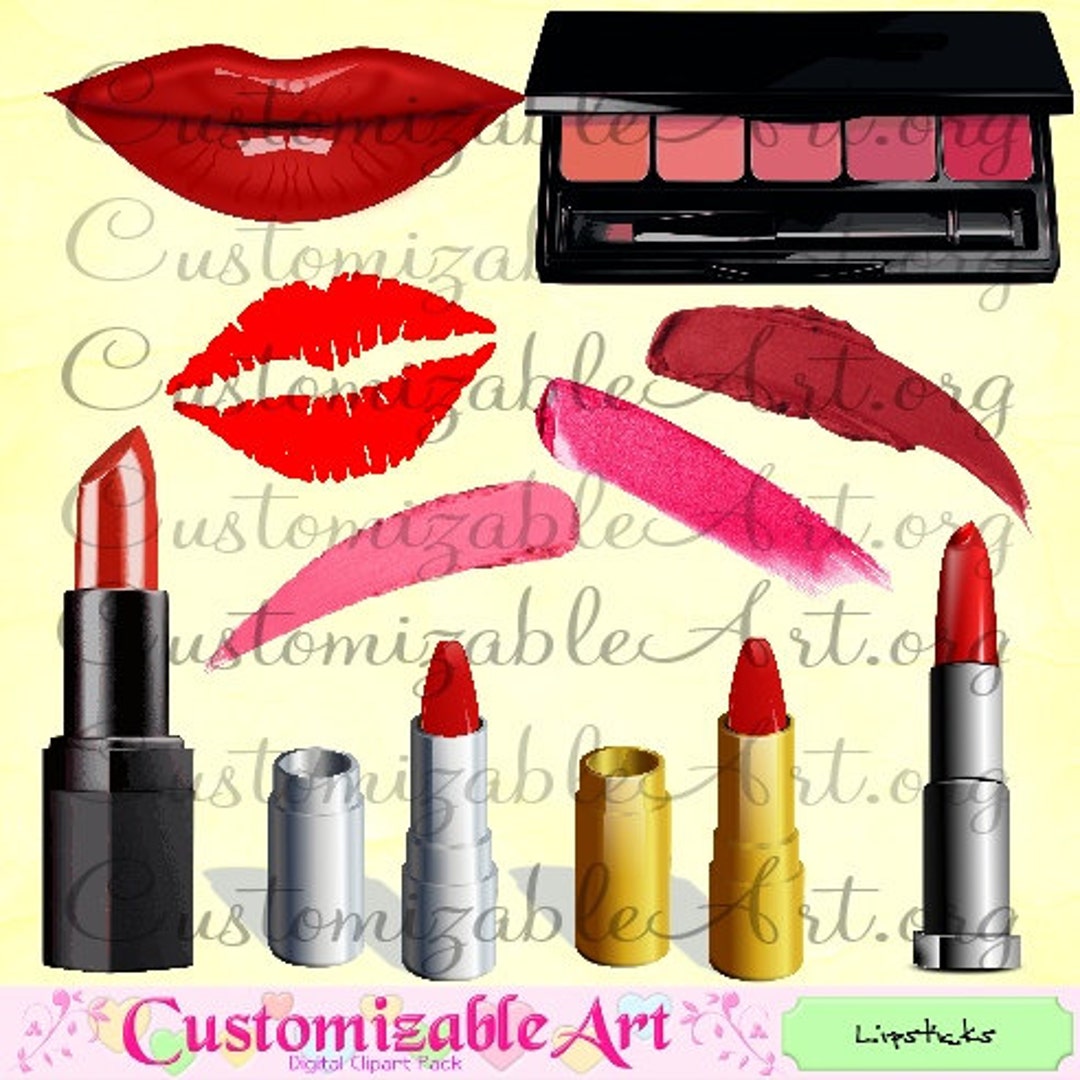 Lipstick Clipart Digital Red Pink Lipsticks Glossy Shiny Lips Kiss ...