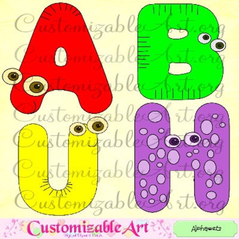 Cute Alphabet Clipart Digital Printable Animal Alien Big Eyes Kids Fun ...