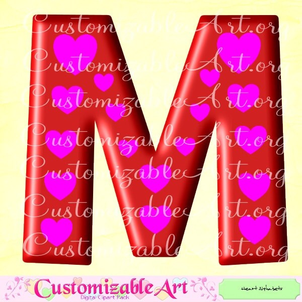 Heart Alphabet Clipart Digital Cute Red Pink Hearts Alphabet Clip Art ...