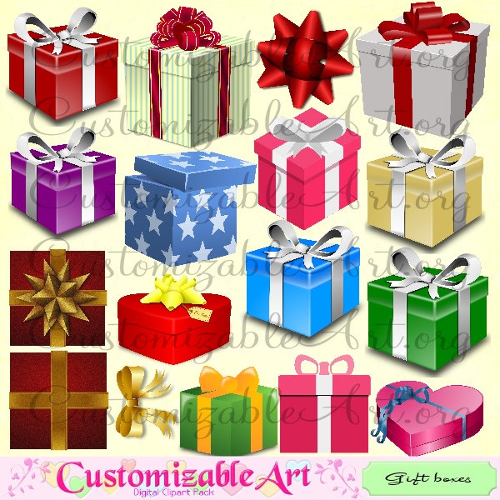 Gift Box Clipart Digital Gift Boxes Clip Art Gift Wrap Silver Ribbon ...