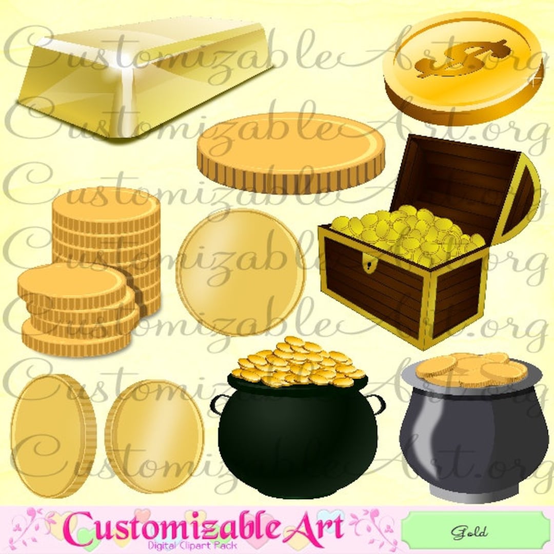 Gold Clipart Digital Gold Clip Art Gold Bar Gold Coin Golden Coins Pot ...